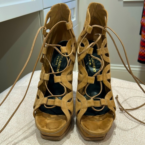 Yves Saint Laurent | Shoes | Ysl Suede Platform Tie Up Heel Stain On ...